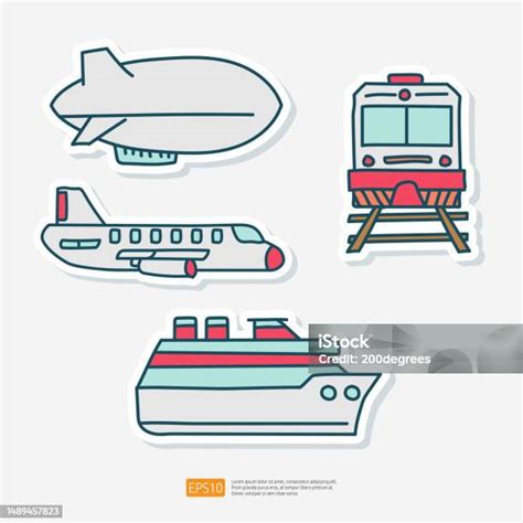 비행기 유람선 통근 열차 헬륨 비행선 낙서 스티커 세트 벡터 일러스트레이션 기차에 대한 스톡 벡터 아트 및 기타 이미지 기차