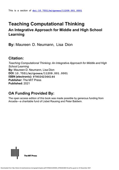 Pdf Teaching Computational Thinking An Integrative Approach For Middle And High School Learning