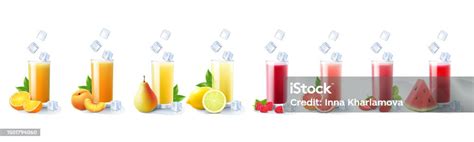 흰색 배경에 분리된 주스가 있는 안경 다른 과일과 베리 주스 세트 여름 시원한 음료 망고 멀티프루트 멜론 바나나 사과 키위 블랙베리 블루베리 사실적인 3d 벡터 그림 0명에