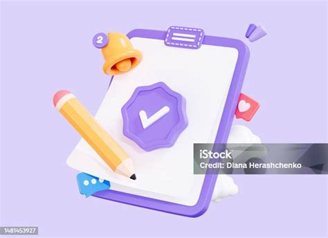 확인 표시가 있는 3d 클립보드 승인된 문서 연필과 벨로 체크리스트 품질 관리 비즈니스 응용 프로그램 보라색 배경에 격리된 만화