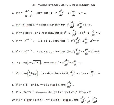 Xii Maths Revision Questions In Differentiation