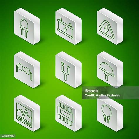 세트 라인 발광 다이오드 미세 회로 프로세서 Cpu 전기 케이블 저항기 전기 자동차 배터리 전기 측정기 및 아이콘 벡터 3차원 형태에 대한 스톡 벡터 아트 및 기타 이미지