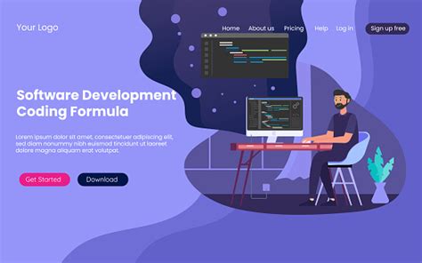 소프트웨어 개발자는 프로그래밍 스크립트 평면 그림으로 컴퓨터에서 코딩을 수행합니다 개념에 대한 스톡 벡터 아트 및 기타 이미지