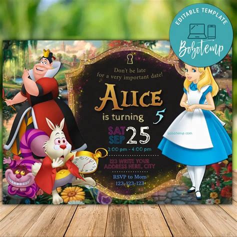 Editable Alice In Wonderland Birthday Flyer Instant Download Bobotemp