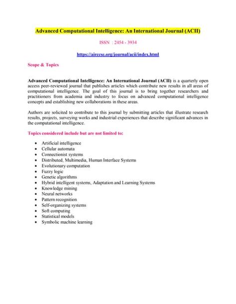 Advanced Computational Intelligence An International Journal Acii Pdf