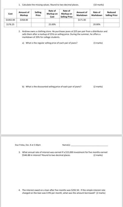Solved Calculate The Missing Values Round To Two Decimal Chegg