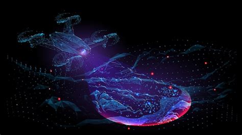 Premium Vector Digital Low Poly 3d Drone Flying Over Landscape Abstract Vector Quadcopter With