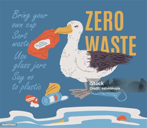 부리에 비닐 봉지를 들고 있는 바닷새가 있는 제로 웨이스트 포스터 플랫 벡터 그림 플라스틱 오염 문제 생태와 환경의 개념 갈매기에 대한 스톡 벡터 아트 및 기타 이미지