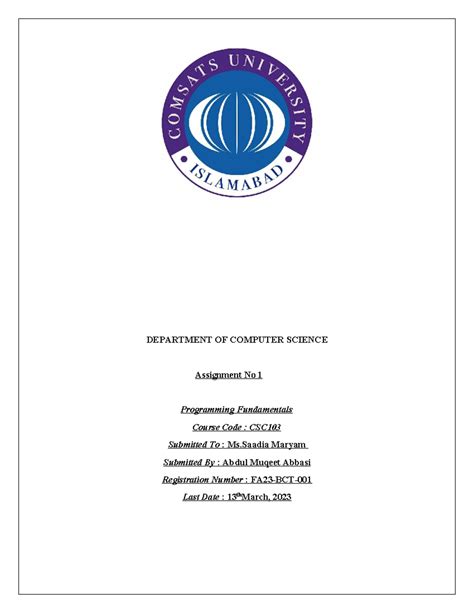 Pf Assignment 1 Department Of Computer Science Assignment No 1 Programming Fundamentals Course