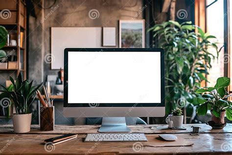 Modern Workspace Mockup With Blank Screen Computer Generative Ai Stock