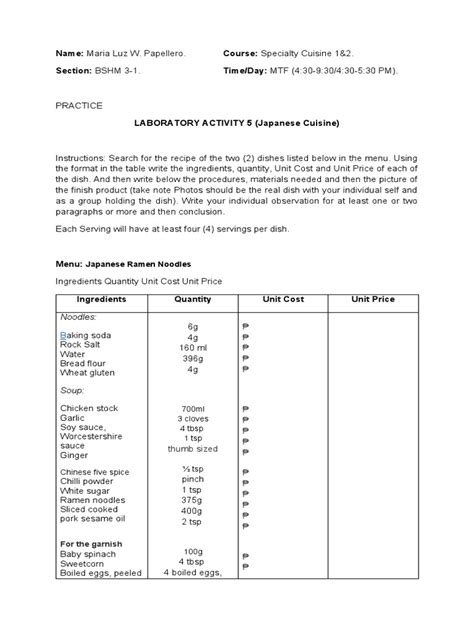 Practice Laboratory 5 Maria Luz W Papellero Bshm 3 1 Japanese Cuisine Pdf Sushi Sauce