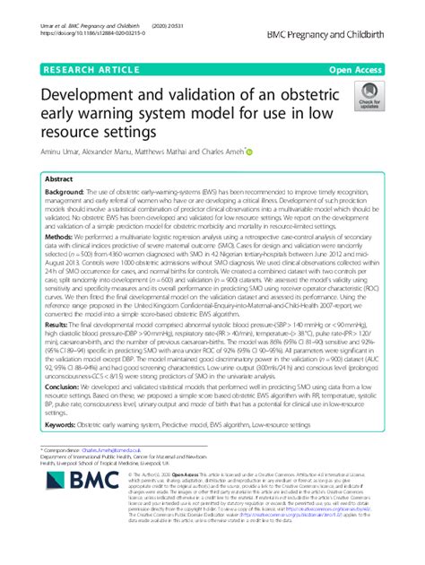 Pdf Development And Validation Of An Obstetric Early Warning System Model For Use In Low
