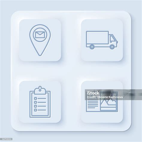 지도 용지 배달화물 트럭 차량 배달 목록 클립 보드 및 엽서 확인에 줄 자리 표시 자를 설정합니다 흰색 사각형 버튼입니다 벡터 고무도장에 대한 스톡 벡터 아트 및 기타