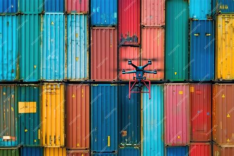 Shipping Container Inspection By Drone Drone Hovering Over Shipping Containers At A Port