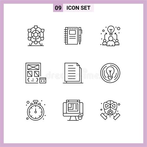 Outline Pack Of 9 Universal Symbols Of Page Develop Sketch Coding Work Stock Vector