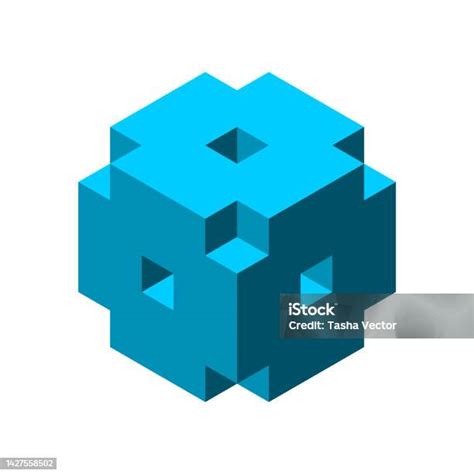 Blue 3d Cube Made Of Cross Shape Elements Isometric Projection Of Block Shape Stock Illustration