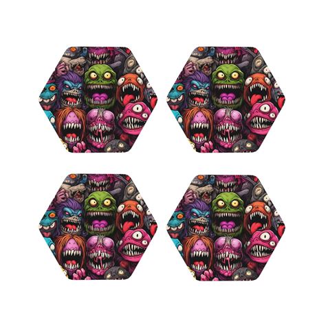 Coasters Set Of 4 Monstrous Cartoon Characters Drink Coasters For Tabletop Protection Leather