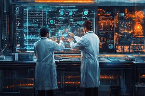 Two Scientists Analyzing Data On A Large Digital Screen Premium Ai