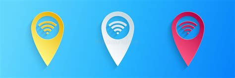 Paper Cut Pointer Map With Wifi Internet Signal Connection Icon Isolated On Blue Background