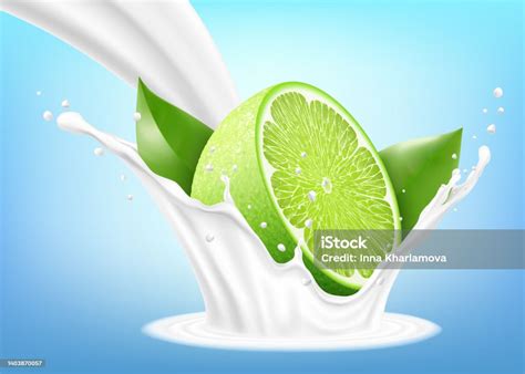 푸른 배경에 우유 스플래쉬가있는 신선한 석회 라임은 우유 요구르트 사워 크림 스플래쉬에 떨어집니다 사실적인 3d 벡터 일러스트레이션 3차원 형태에 대한 스톡 벡터 아트 및