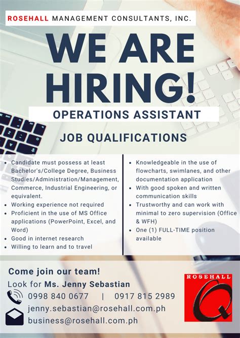 We Are Looking For Operations Assistant To Join Our Team Rosehall