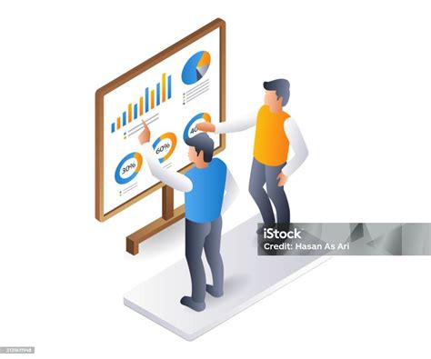 팀은 회사의 비즈니스 개발 데이터 평면 등각 투영 3d 일러스트레이션을 분석하는 회의에 있습니다 개발에 대한 스톡 벡터 아트 및