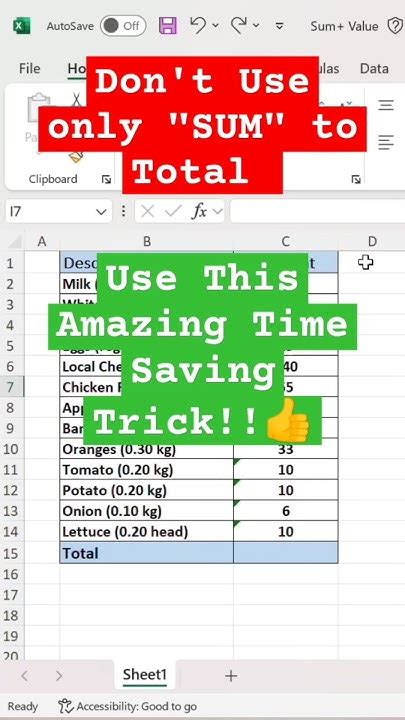Adding Values With The Sum Function Excelformula Exceltips