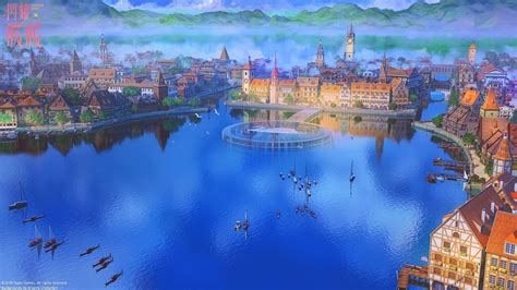Serene Anime Harbor Hd Lakeside Cityscape With Boats And Tranquil