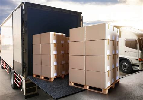 Premium Photo Packaging Boxes Stack On Pallets Loading Into Cargo Container Shipping Freight