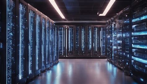 Premium Photo A Sprawling Futuristic Data Center With Rows Of Servers Glowing Lights And