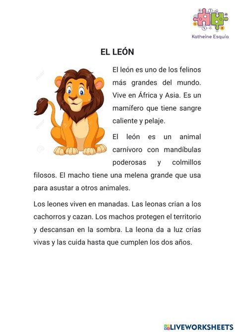 El León Actividad Cloze Worksheet Ejemplo De Texto Expositivo Lecciones De Lectura Texto