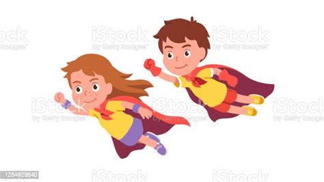 소녀와 소년 슈퍼 영웅 부부는 꽉 주먹 힘과 강도 제스처를 보여주는 함께 비행 커플 빨간 케이프 의상을 입은 용감한 아이 슈퍼 히어로 귀여운 어린이 만화 캐릭터 플랫 벡터