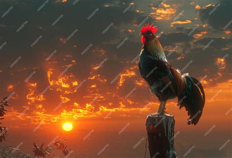 Premium Photo Rooster Crowing On Pole At Sunrise