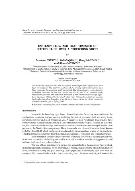 Pdf Unsteady Flow And Heat Transfer Of Jeffrey Fluid Over A Stretching Sheet