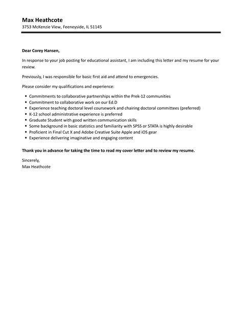 Educational Assistant Cover Letter Velvet Jobs
