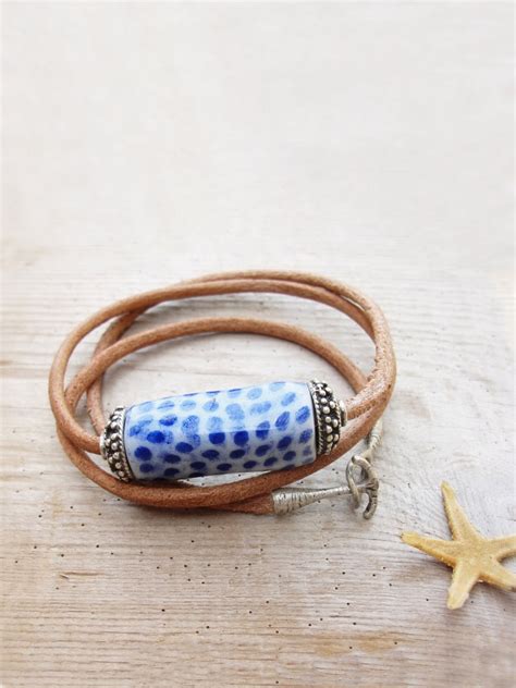 Nautical Leather Bracelet Beach Jewelry Leather Ceramic And Etsy