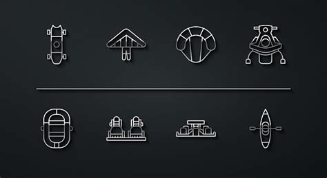 롱보드 또는 스케이트보드 래프팅 보트 설상차 경주용 자동차 스노보드 행글라이더 카약 카누 및 낙하산 아이콘을 설정합니다 벡터 1에 대한 스톡 벡터 아트 및 기타 이미지