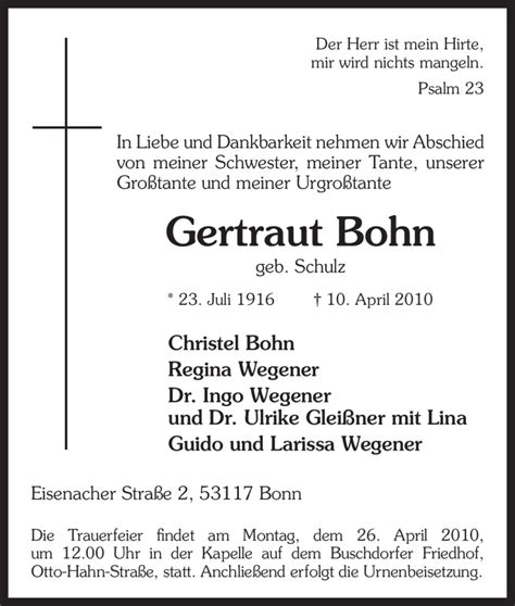 Traueranzeigen Von Gertraut Bohn Trauer In Nrw De