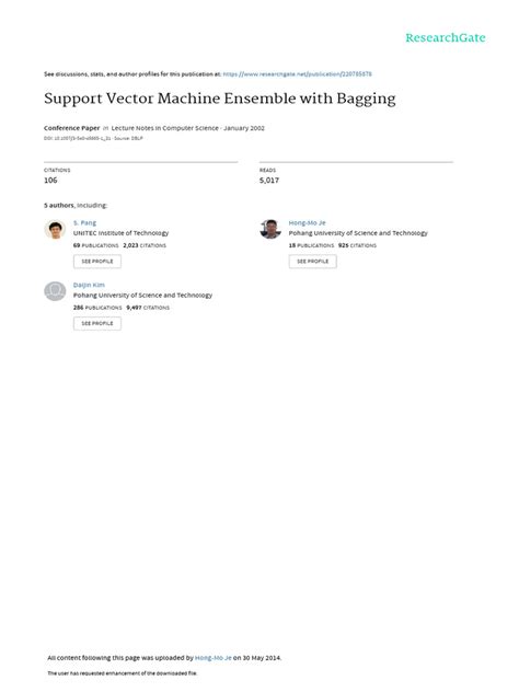Support Vector Machine Ensemble With Bagging Pdf Support Vector Machine Statistics