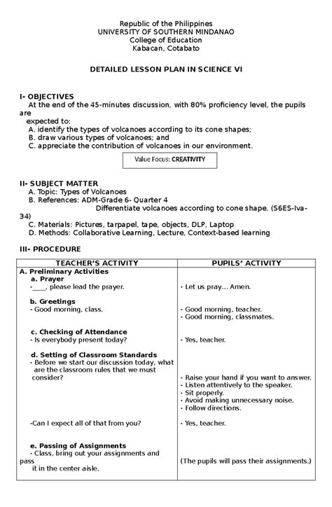 Science 6 Lp Lesson Plan Republic Of The Philippines University Of Southern Mindanao College