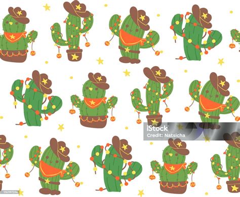 패턴 원활한 크리스마스 선인장 카우보이 만화 흰색 배경에 고립된 귀여운 복고풍 서양 식물 계절에 대한 스톡 벡터 아트 및 기타 이미지 계절 고풍스런 귀여운 Istock