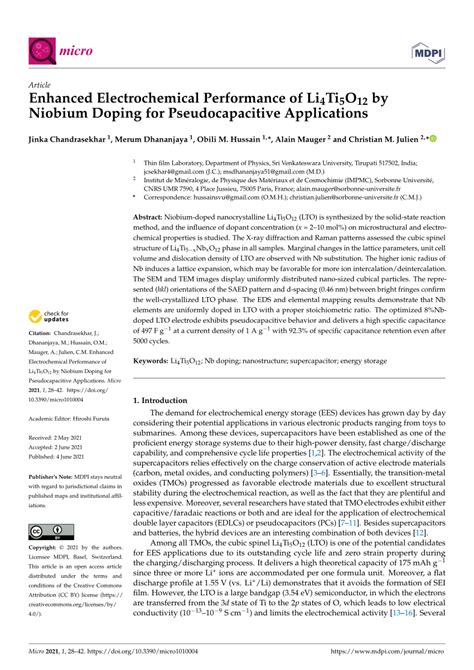 Pdf Enhanced Electrochemical Performance Of Li4ti5o12 By Niobium Doping For Pseudocapacitive