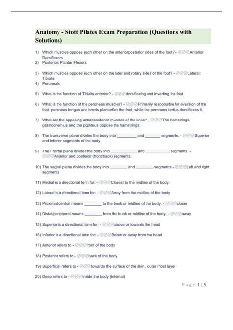 anatomy stott pilates exam preparation questions with solutions
