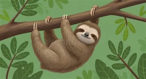 A Cartoon Style Drawing Of A Smiling Sloth Hanging From A Tree Branch