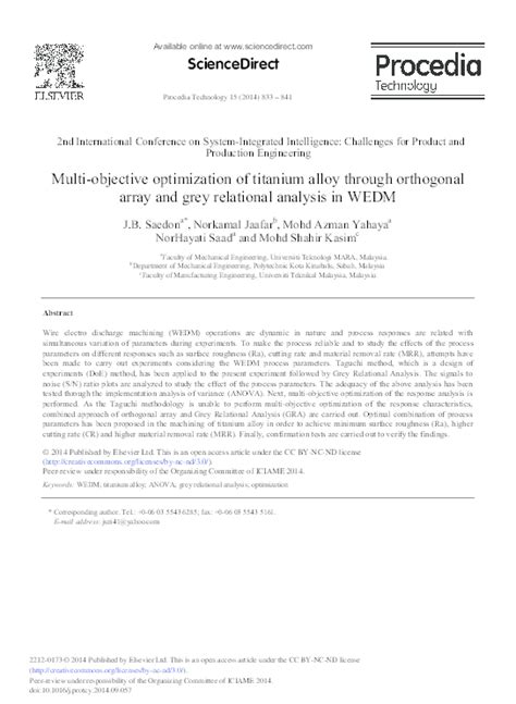 Pdf Multi Objective Optimization Of Titanium Alloy Through Orthogonal Array And Grey