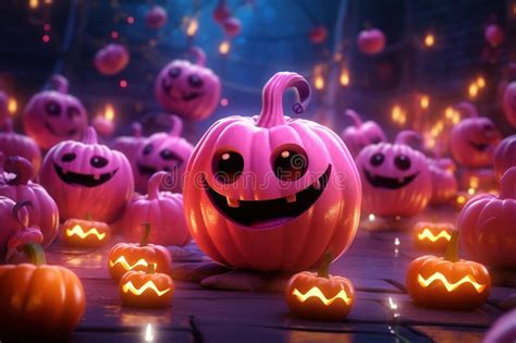 Halloween Pink Pumpkins Dancing At The Dance Music Party Stock
