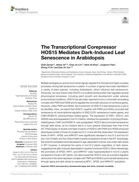 Pdf The Transcriptional Corepressor Hos15 Mediates Dark Induced Leaf