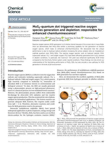 Pdf Mos 2 Quantum Dots Triggered Reactive Oxygen Species Generation