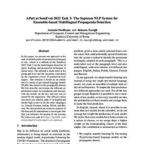 Apatt At Semeval 2023 Task 3 The Sapienza Nlp System For Ensemble