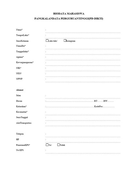 Form Biodata Lapor Diri Pdpt Pd Dikti Pdf